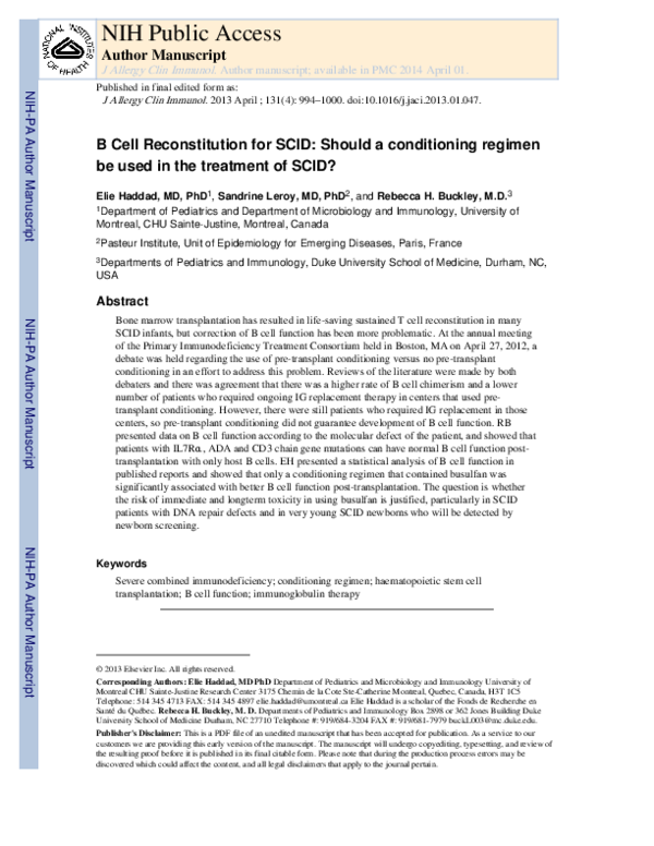 (PDF) B-cell reconstitution for SCID: Should a conditioning regimen be ...