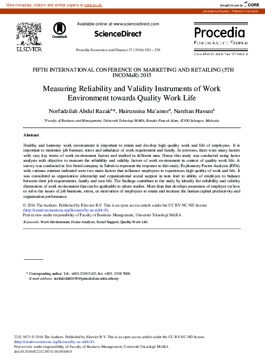 (PDF) Measuring Reliability and Validity Instruments of Work Environment Towards Quality Work Life
