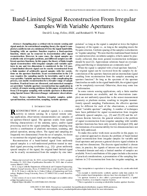 (PDF) Band-Limited Signal Reconstruction From Irregular Samples With Variable Apertures | David ...