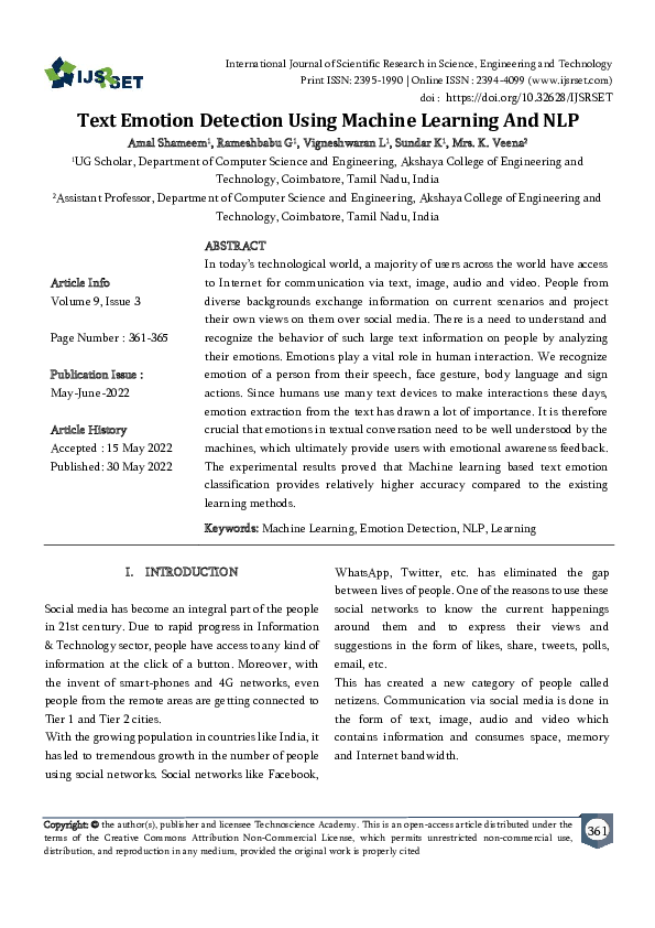 (PDF) Text Emotion Detection Using Machine Learning And NLP