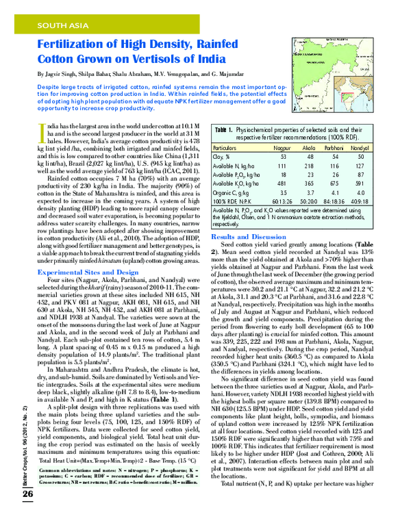 (PDF) Fertilization of high density, rainfed cotton grown on vertisols ...