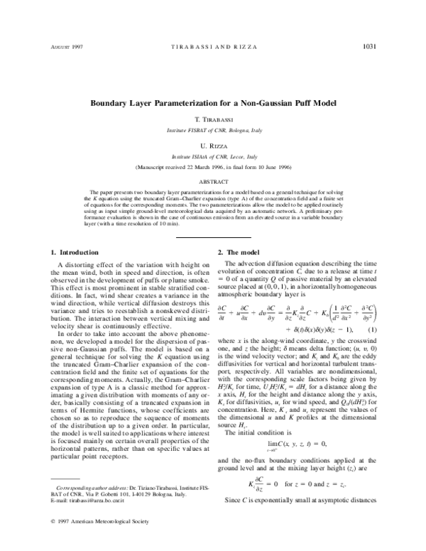 Pdf Boundary Layer Parameterization For A Non Gaussian Puff Model