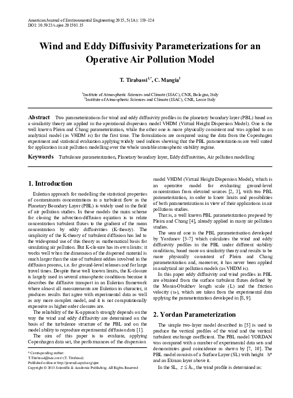 (PDF) Wind and Eddy Diffusivity Parameterizations for an Operative Air Pollutin Model