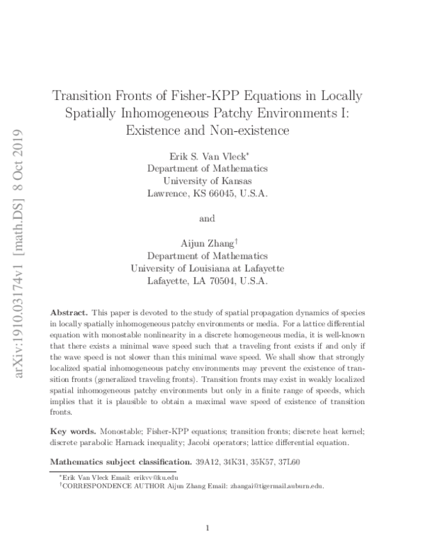 (PDF) Transition fronts of Fisher–KPP equations in locally spatially ...