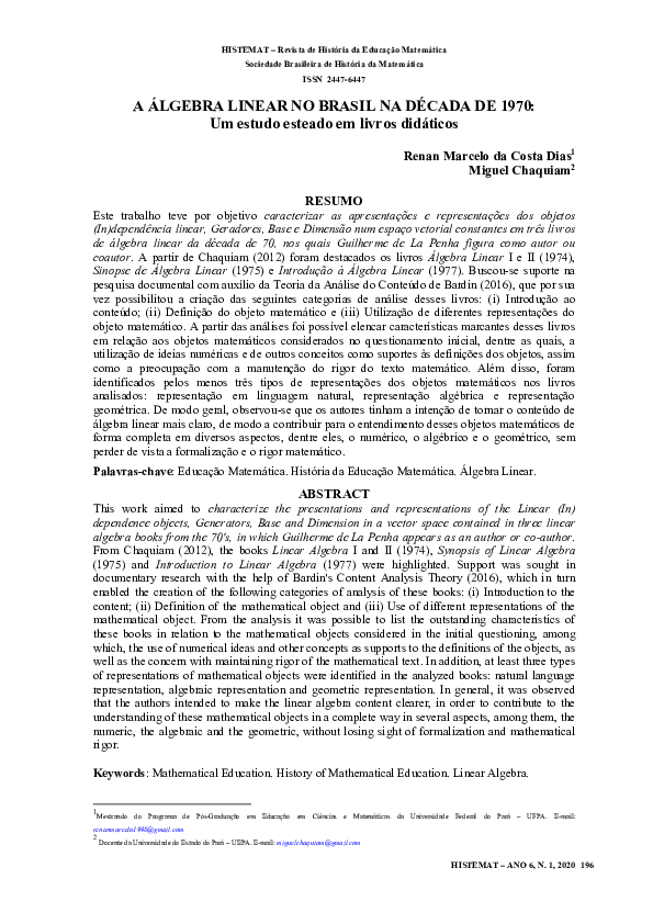 (PDF) A ÁLGEBRA LINEAR NO BRASIL NA DÉCADA DE 1970: Um estudo esteado ...