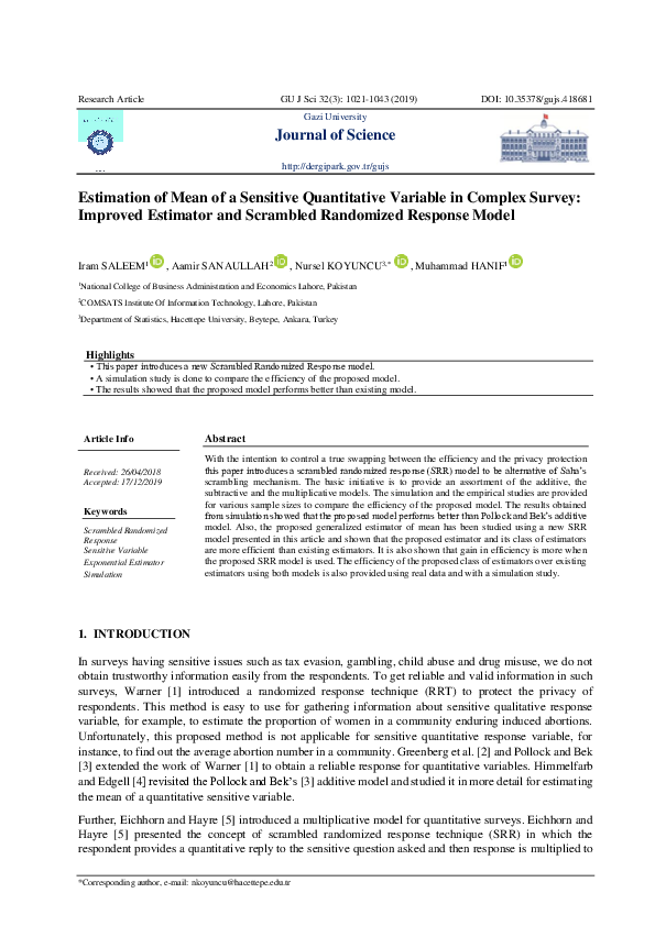 Pdf Estimation Of Mean Of A Sensitive Quantitative Variable In