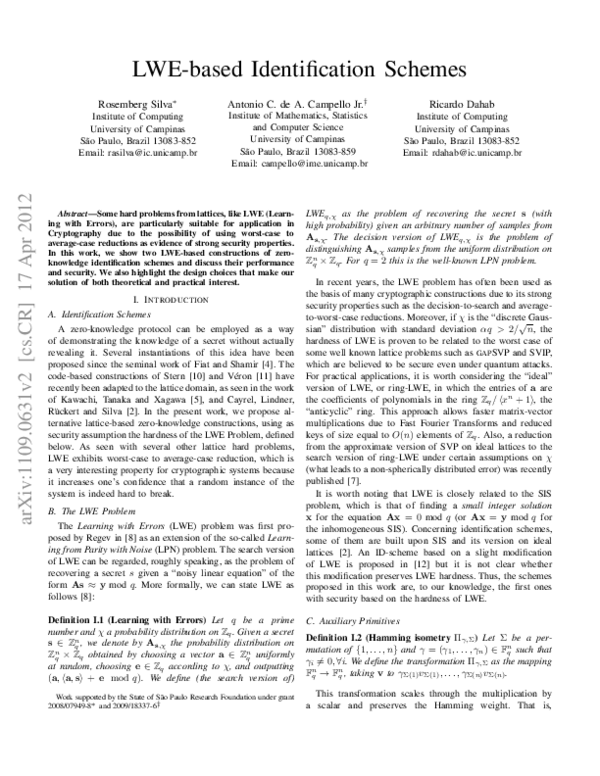 (PDF) LWE-based identification schemes