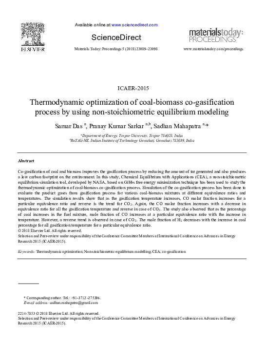 Pdf Thermodynamic Optimization Of Coal Biomass Co Gasification Process By Using Non
