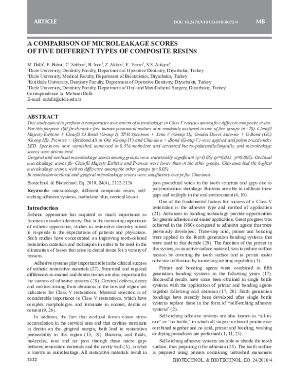 Pdf A Comparison Of Microleakage Scores Of Five Different Types Of