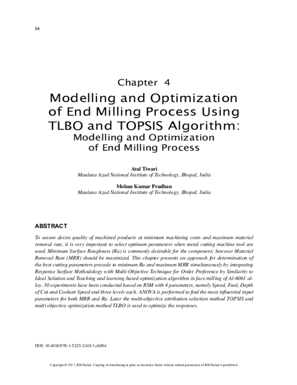 Pdf Modelling And Optimization Of End Milling Process Using Tlbo And Topsis Algorithm Atul