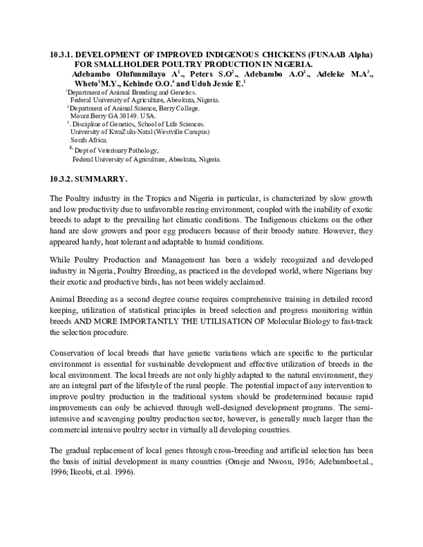 (DOC) Development of Improved Indigenous Chickens (FUNAAB Alpha) for ...