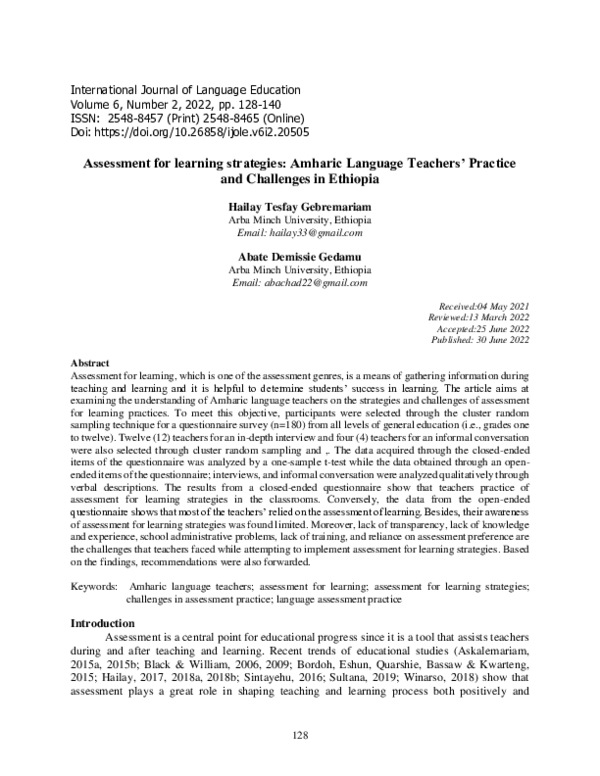 (PDF) Assessment for learning strategies: Amharic Language Teachers ...