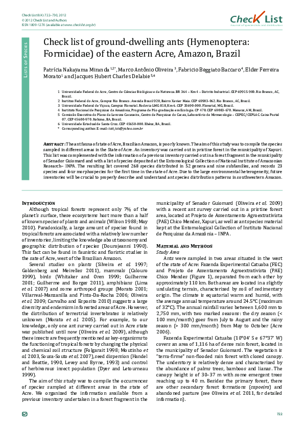 (PDF) Check list of ground-dwelling ants (Hymenoptera: Formicidae) of the eastern Acre, Amazon ...