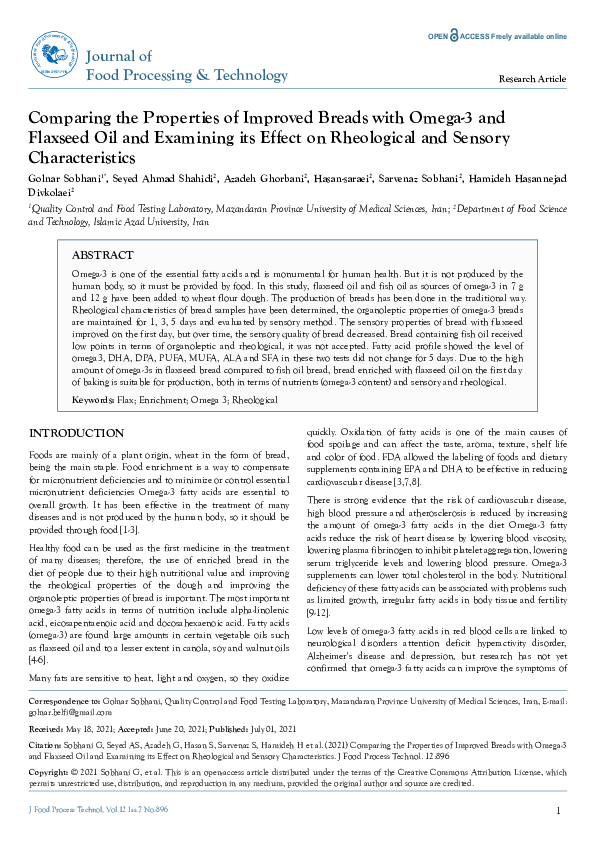 (PDF) Comparing the Properties of Improved Breads with Omega-3 and Flaxseed Oil and Examining ...
