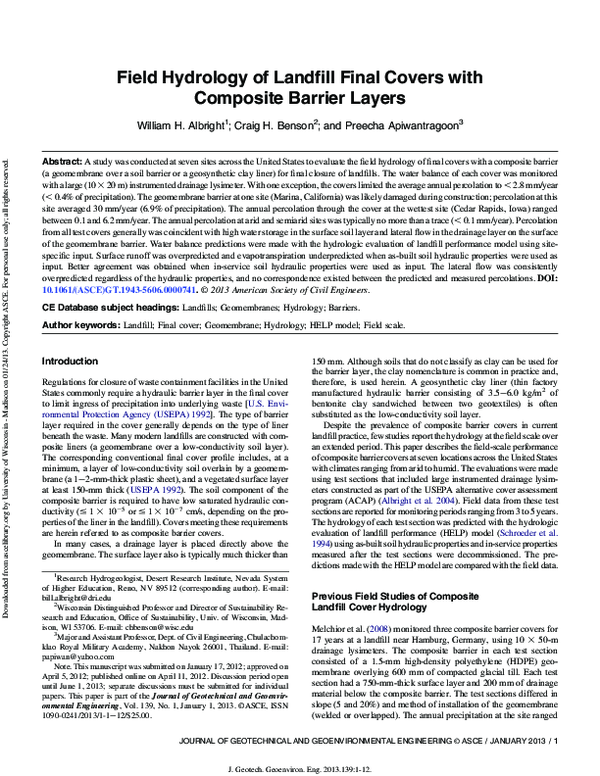 (PDF) Field Hydrology of Landfill Final Covers with Composite Barrier ...
