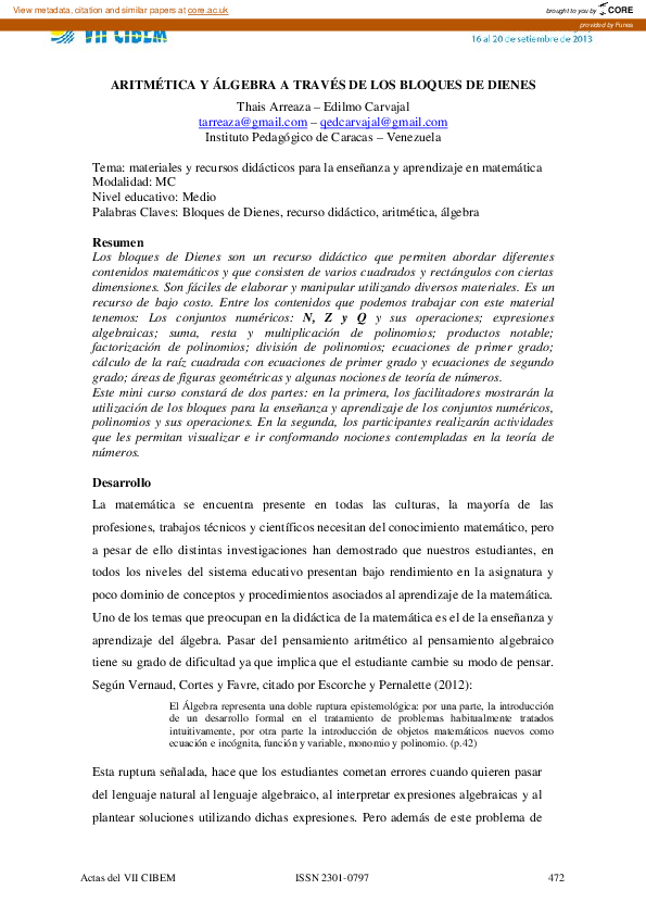 (PDF) Aritmética y álgebra a través de los bloques de Dienes