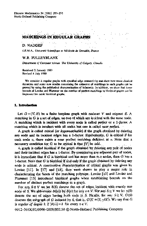 (PDF) Matchings in regular graphs