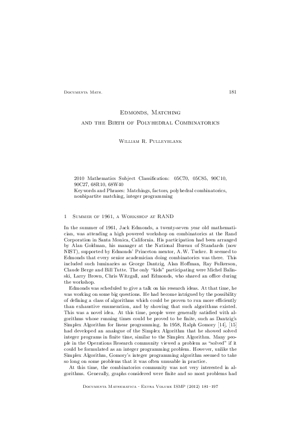 (PDF) Edmonds, matching and the birth of polyhedral combinatorics