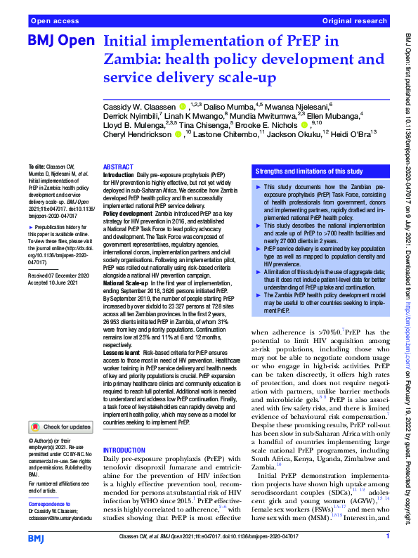 (PDF) Initial implementation of PrEP in Zambia: health policy ...