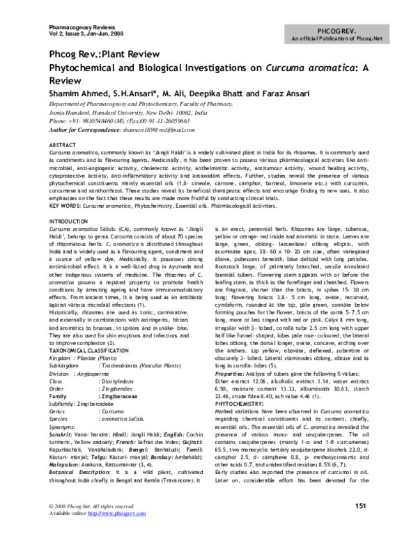 (PDF) Phytochemical and biological investigations on curcuma aromatica: A review