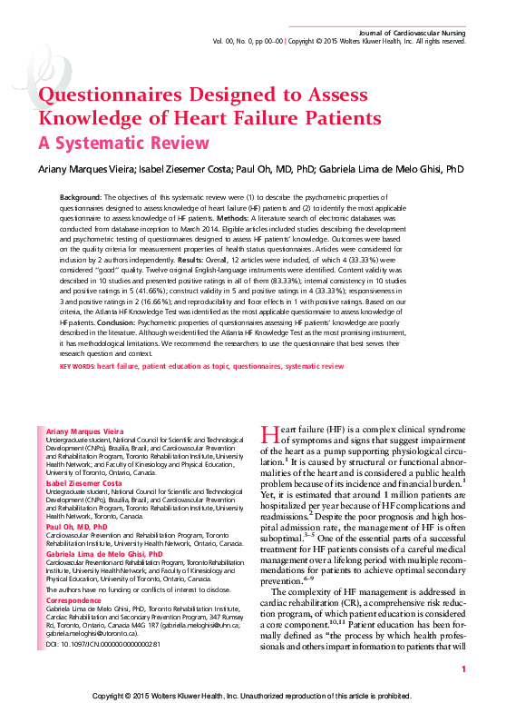 (PDF) Questionnaires Designed to Assess Knowledge of Heart Failure Patients