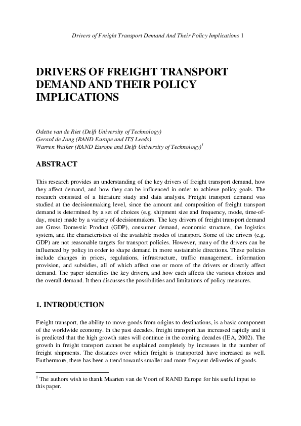 (PDF) Drivers of Freight Transport Demand and their Policy Implications