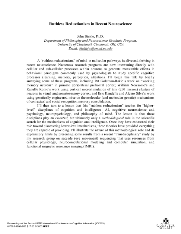 (PDF) Ruthless reductionism in recent neuroscience