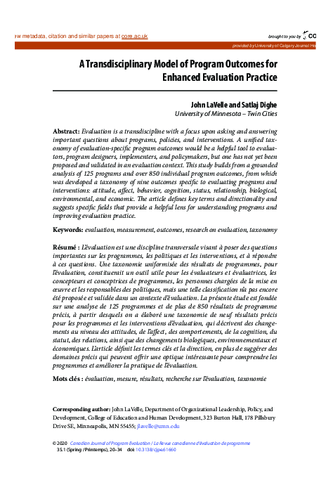 (PDF) A Transdisciplinary Model of Program Outcomes for Enhanced Evaluation Practice