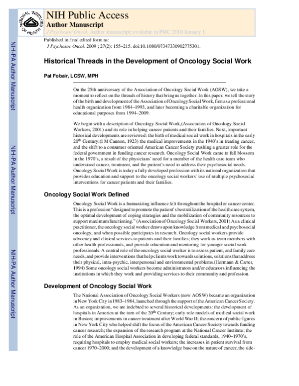 (PDF) Historical Threads in the Development of Oncology Social Work ...