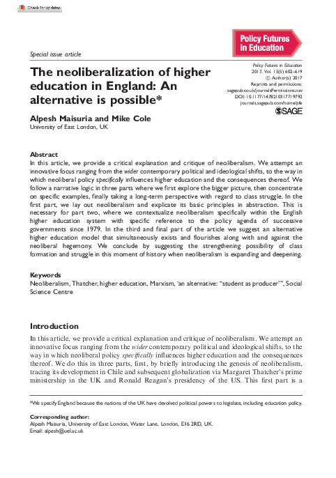 (PDF) The neoliberalization of higher education in England: An ...