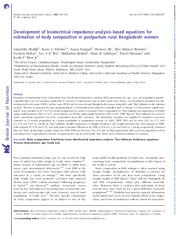 (PDF) Development of bioelectrical impedance analysis-based equations ...