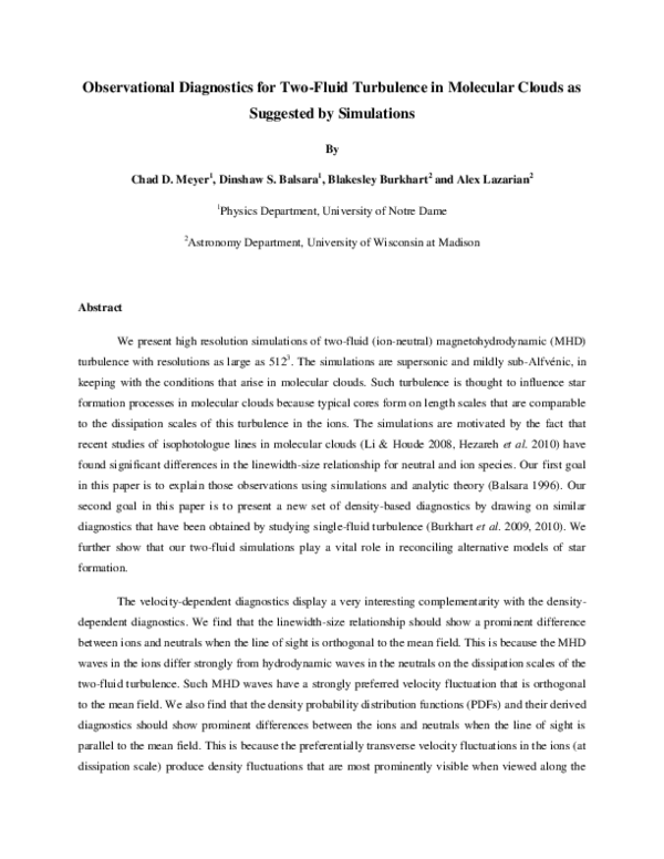 (PDF) Observational diagnostics for two-fluid turbulence in molecular ...