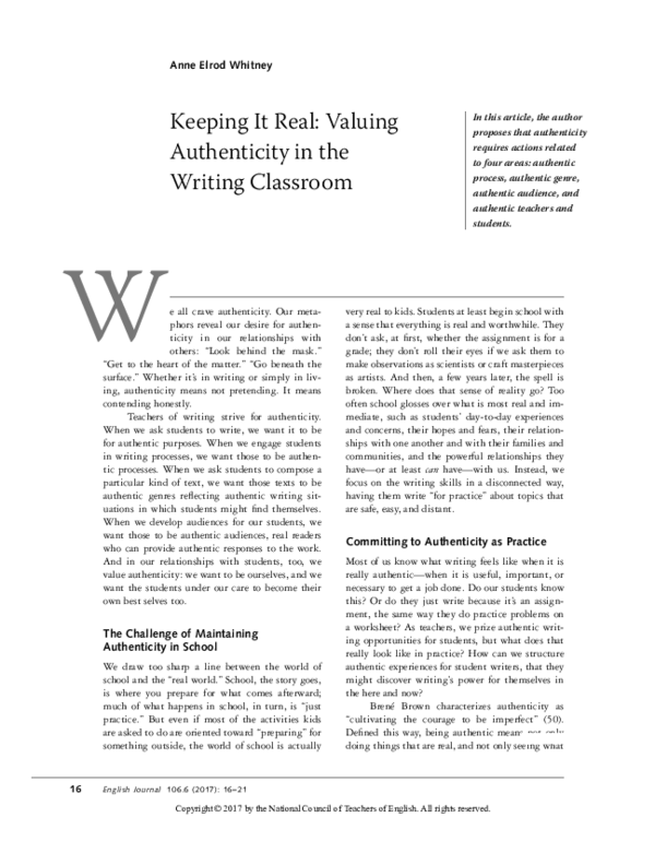 (PDF) Keeping It Real: Valuing Authenticity in the Writing Classroom