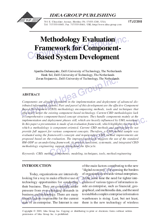 Pdf Methodology Evaluation Framework For Component Based System Development