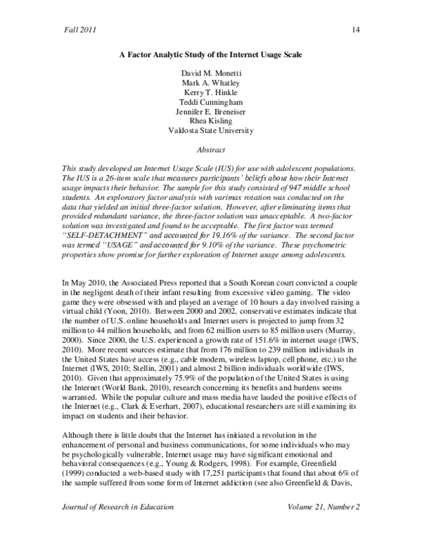 (PDF) A Factor Analytic Study of the Internet Usage Scale