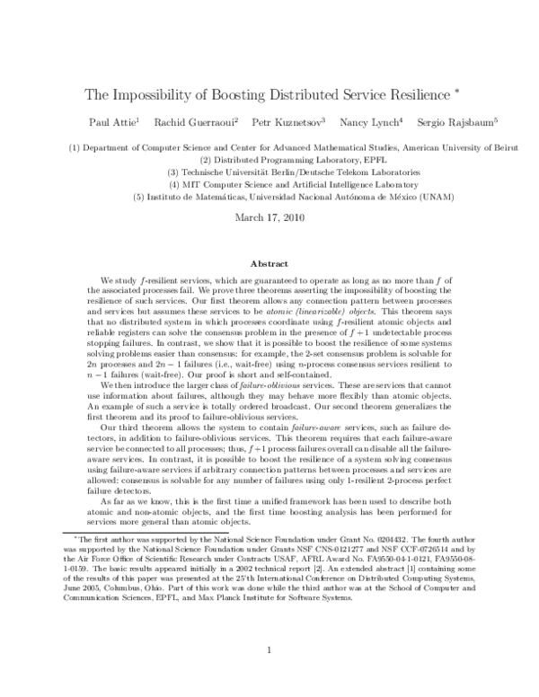 (PDF) The impossibility of boosting distributed service resilience | Petr Kuznetsov - Academia.edu
