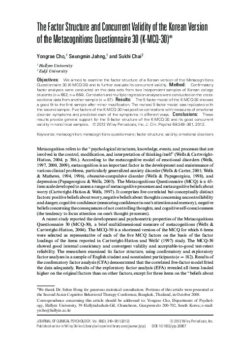 Pdf The Factor Structure And Concurrent Validity Of The Korean
