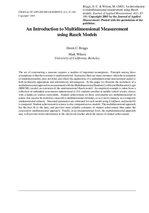Pdf An Introduction To Multidimensional Measurement Using Rasch Models