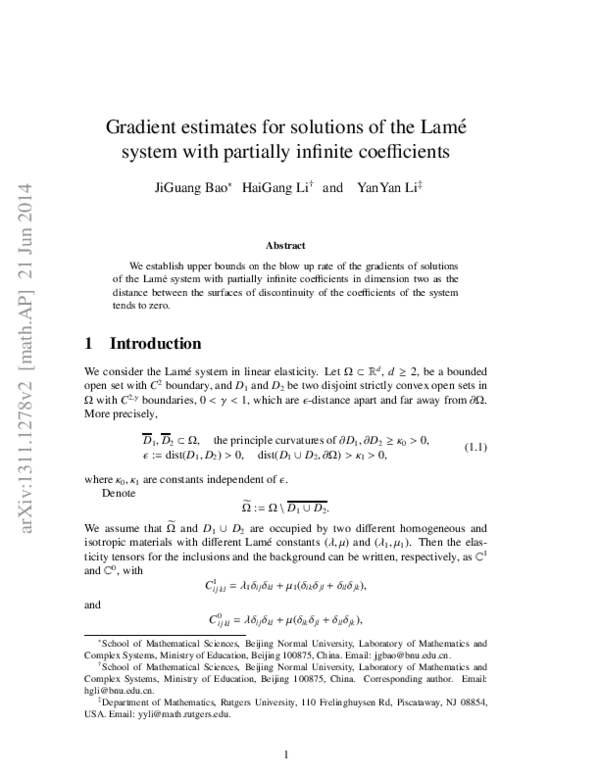 (PDF) Gradient Estimates for Solutions of the Lamé System with ...