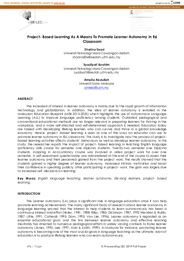 (PDF) Project-based learning as a means to promote learner autonomy in ESL Classroom / Sharina ...