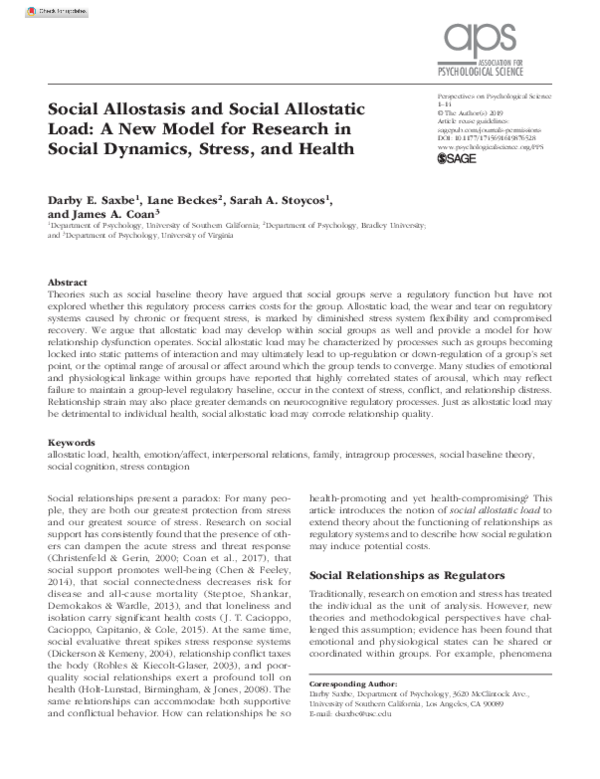 (PDF) Social Allostasis and Social Allostatic Load: A New Model for ...