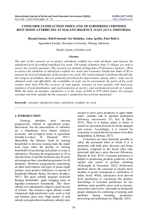 (PDF) Consumer Satisfaction Index (CSI) of Subsidized Certified Rice ...
