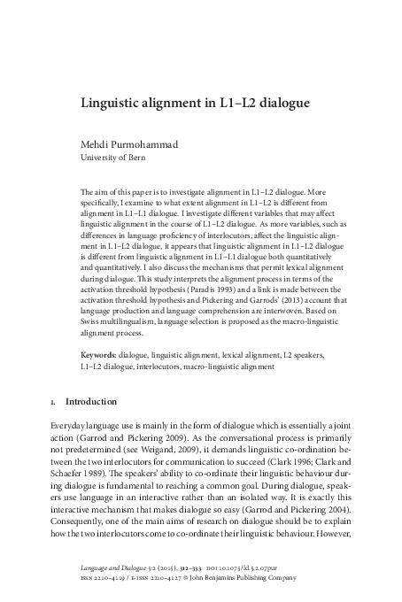 (PDF) Linguistic alignment in L1–L2 dialogue