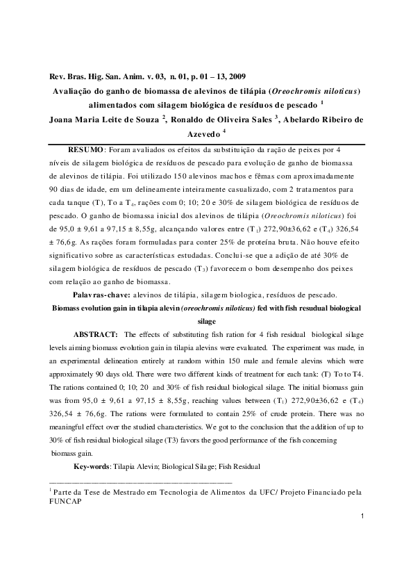 (PDF) Avaliação do ganho de biomassa de alevinos de tilápia ...