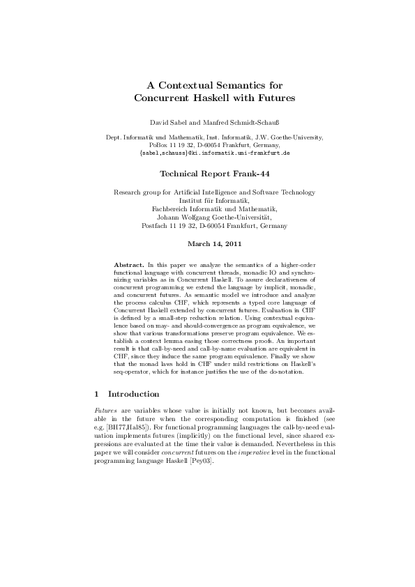 (PDF) A contextual semantics for concurrent haskell with futures | David Sabel - Academia.edu