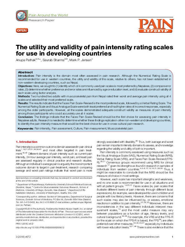 (PDF) The utility and validity of pain intensity rating scales for use ...