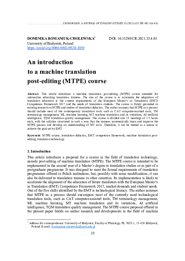 (PDF) An introduction to a machine translation post-editing (MTPE) course