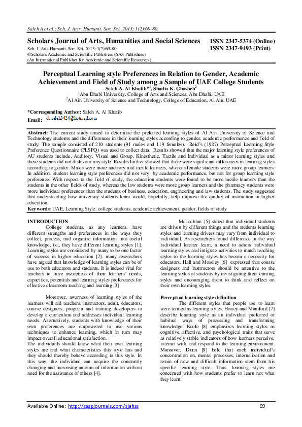 (PDF) Perceptual Learning style Preferences in Relation to Gender, Academic Achievement and ...