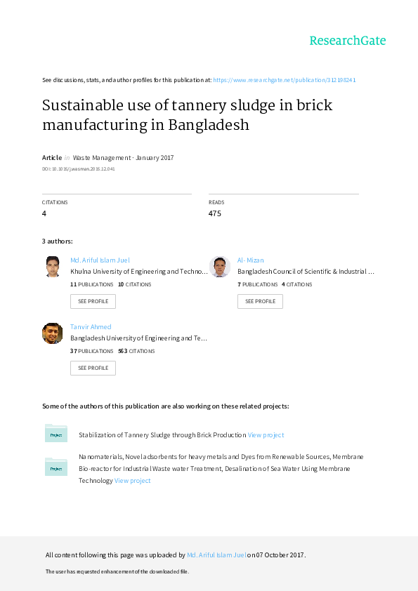(PDF) Sustainable use of tannery sludge in brick manufacturing in ...