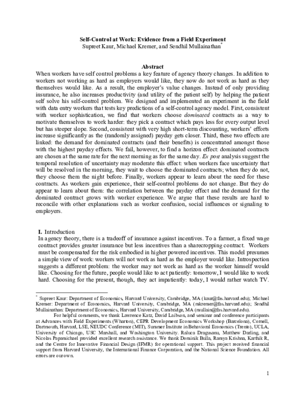 (PDF) Self-Control at Work: Evidence from a Field Experiment